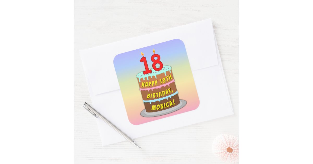 18th Birthday: Fun Cake and Candles + Custom Name Square Sticker | Zazzle