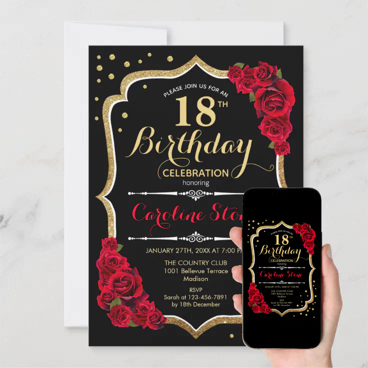18th Birthday - Gold Black Red Roses Invitation | Zazzle