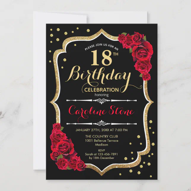 18th Birthday - Gold Black Red Roses Invitation | Zazzle