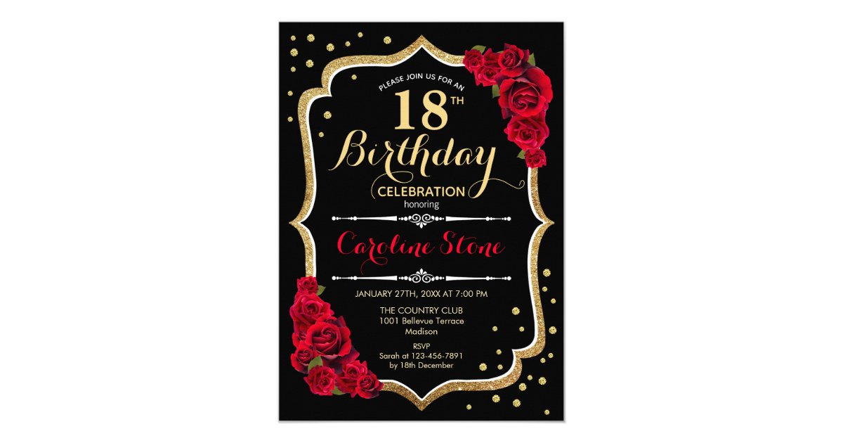 18th Birthday - Gold Black Red Roses Invitation | Zazzle.com