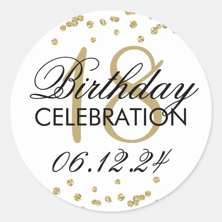 18th Birthday Gold Faux Glitter Confetti White Classic Round Sticker ...