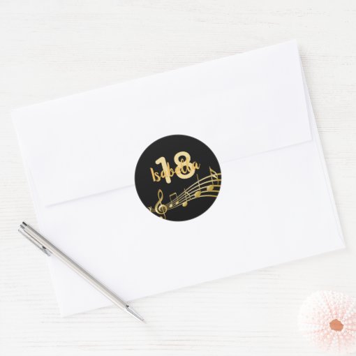 18th birthday gold music notes on elegant black classic round sticker ...