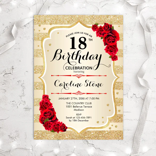 18th Birthday - Gold Stripes Roses Invitation | Zazzle