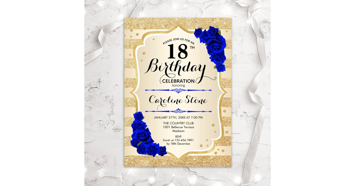 18th Birthday - Gold Stripes Royal Blue Roses Invitation | Zazzle