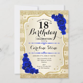 18th Birthday - Gold Stripes Royal Blue Roses Invitation | Zazzle