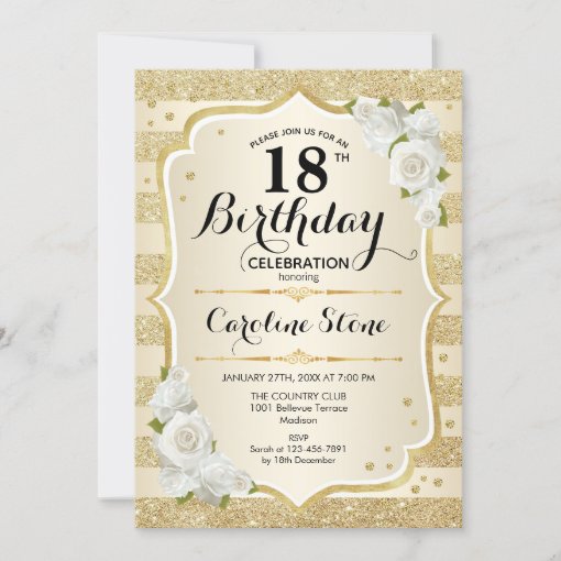 18th Birthday - Gold Stripes White Roses Invitation | Zazzle