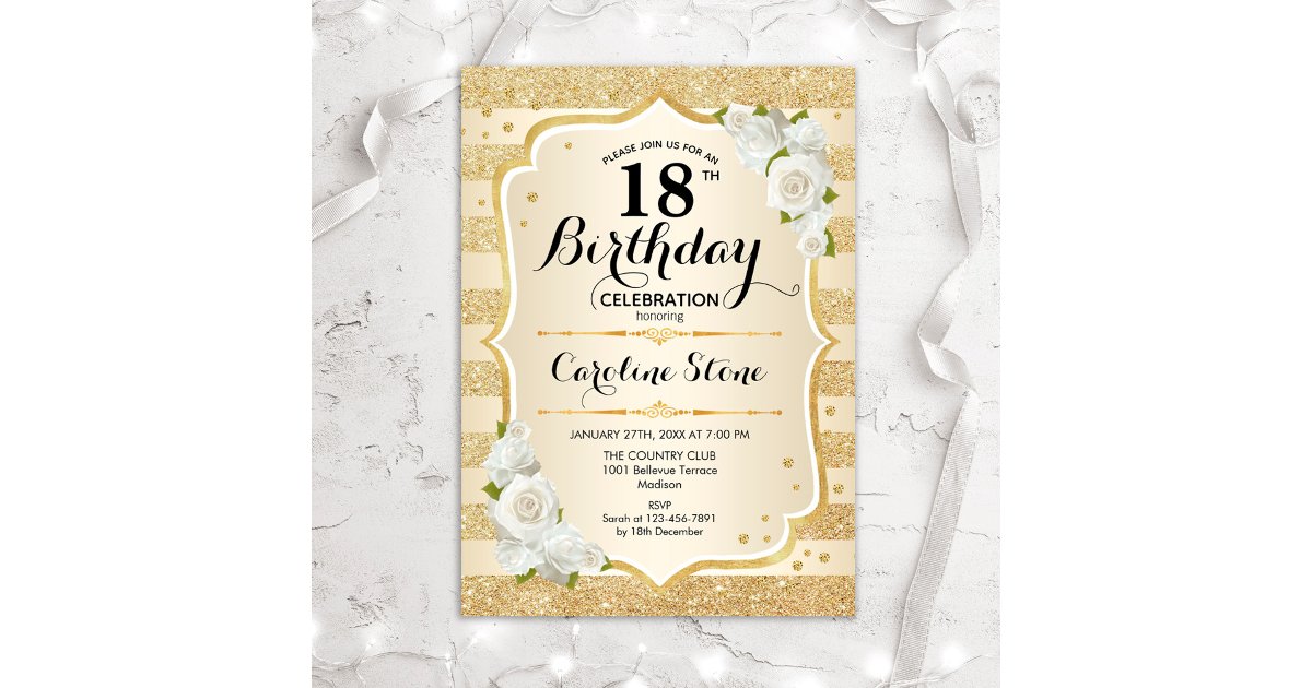 18th Birthday - Gold Stripes White Roses Invitation | Zazzle