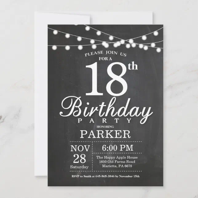 18th Birthday Invitation Chalkboard String Lights | Zazzle