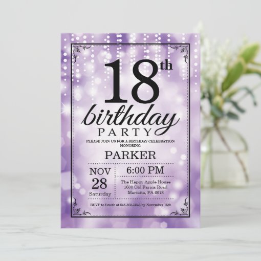18th Birthday Invitation Purple Glitter | Zazzle