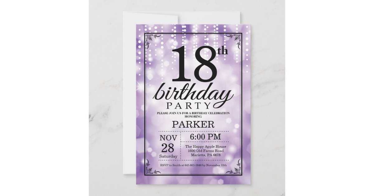 18th Birthday Invitation Purple Glitter | Zazzle