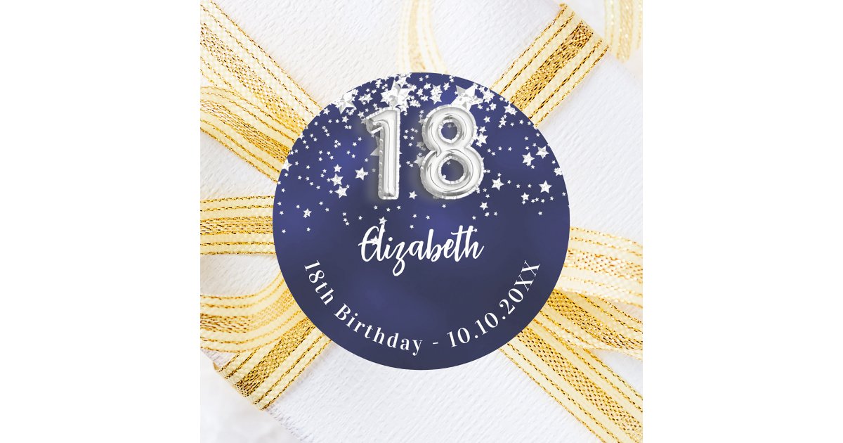 18th birthday navy blue silver stars classic round sticker | Zazzle