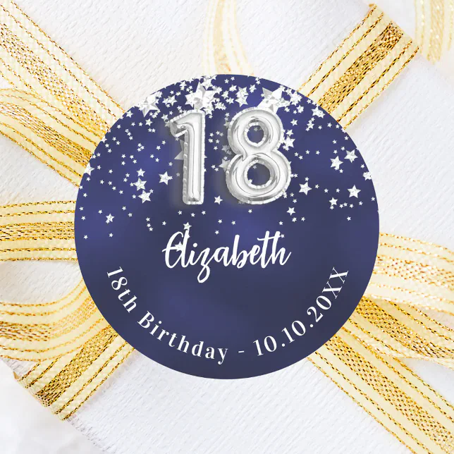 18th birthday navy blue silver stars classic round sticker | Zazzle