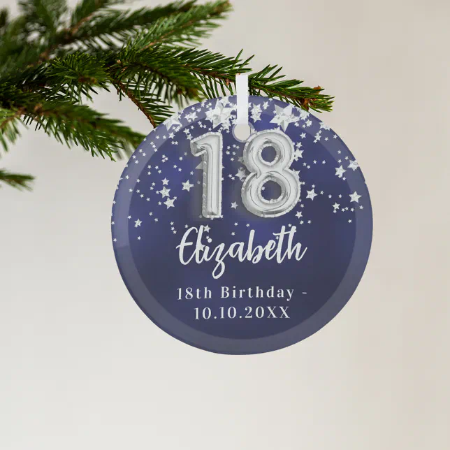 18th birthday navy blue silver stars glass ornament | Zazzle