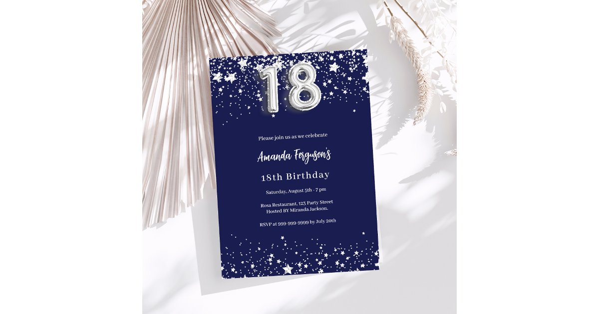18th birthday navy blue silver stars invitation | Zazzle