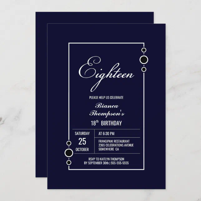 18th Birthday Navy Blue with White Frame Party Invitation | Zazzle