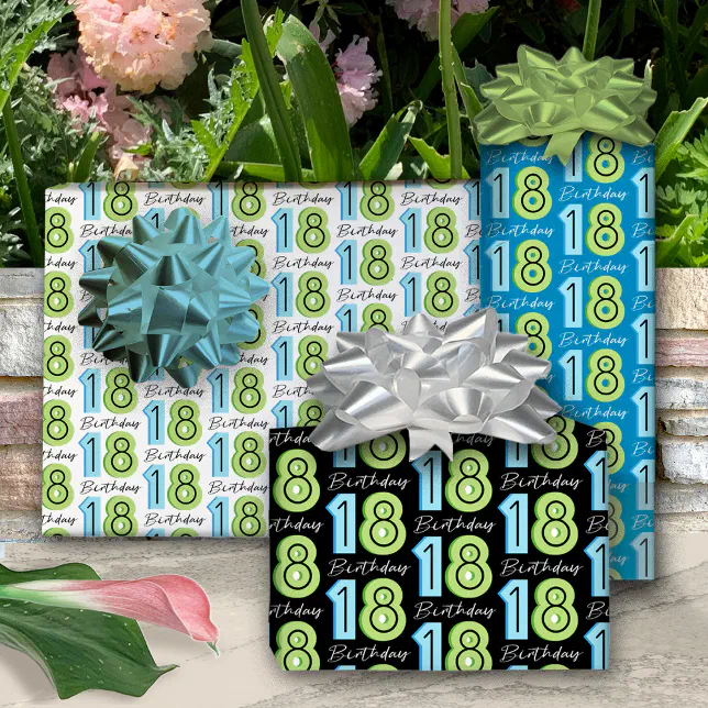 18th Birthday Numbers Green Blue Wrapping Paper Sheets | Zazzle