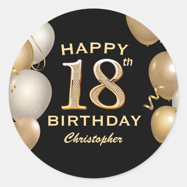 18th Birthday Party Black and Gold Balloons Classic Round Sticker | Zazzle