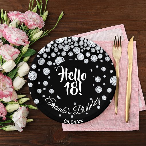 18th birthday party black hello 18 diamonds name paper plates | Zazzle