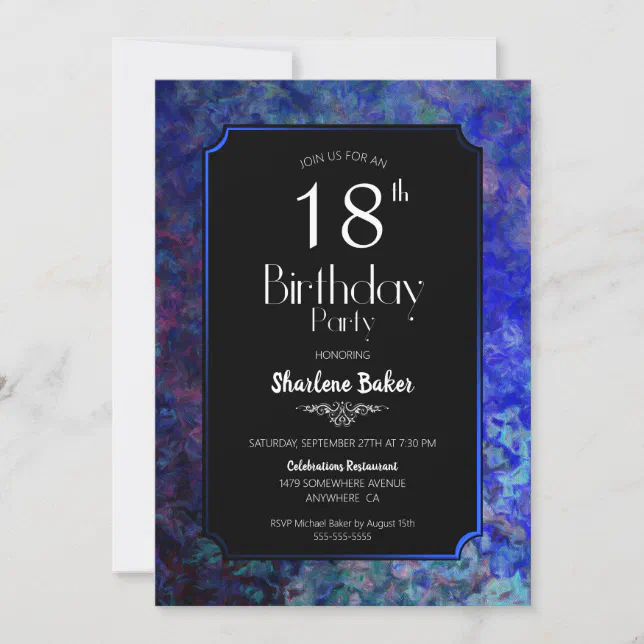 18th Birthday Party Black with Blue Border Invitation | Zazzle