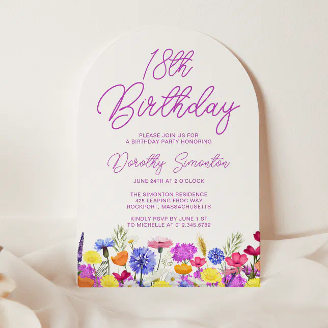18th Birthday Party Boho Purple Wildflower Arch Invitation | Zazzle