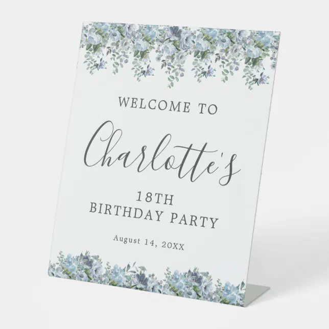 18th Birthday Party Dusty Blue Floral Welcome Pedestal Sign | Zazzle