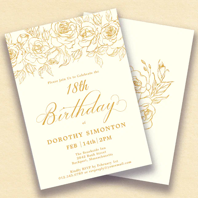 18th Birthday Party Gold Rose Floral Ivory White Invitation | Zazzle