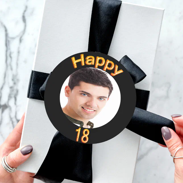 18th birthday party photo gold balloons black classic round sticker ...