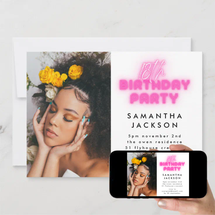 18th Birthday Party Photo Pink Neon Lumo Lights Invitation | Zazzle