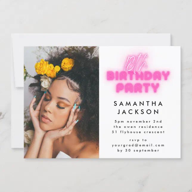 18th Birthday Party Photo Pink Neon Lumo Lights Invitation | Zazzle