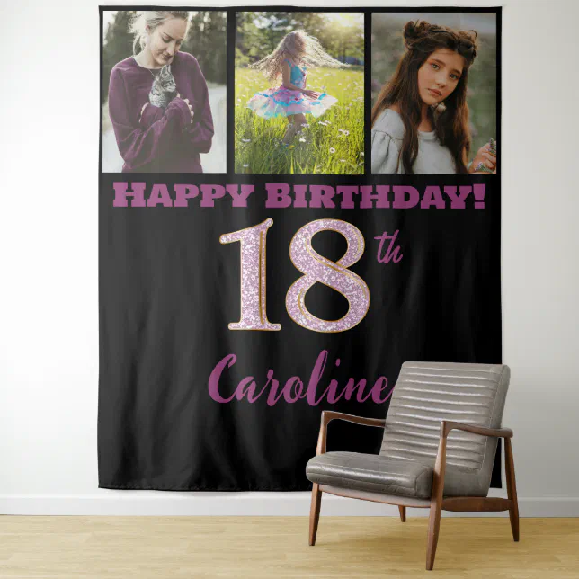18th Birthday Party, Rose Gold Glitter & 3 photos Tapestry | Zazzle