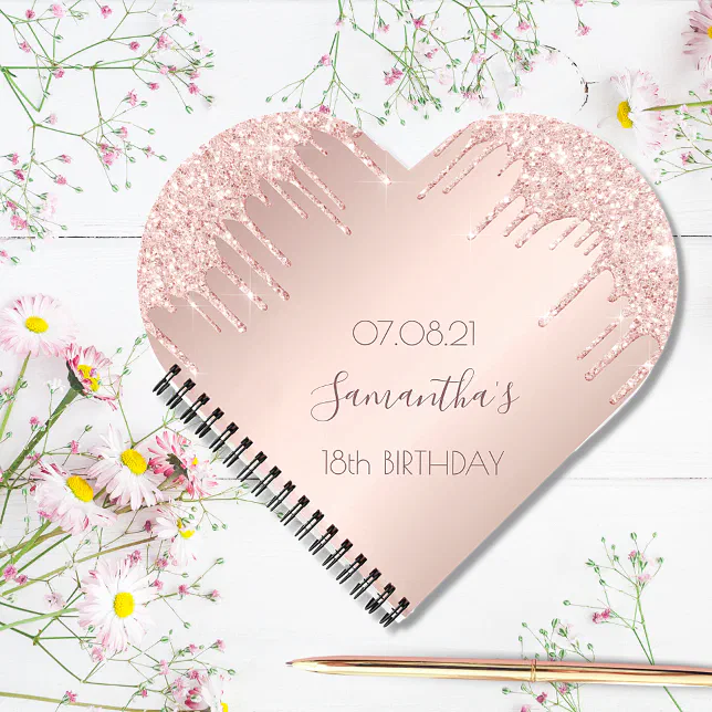 18th birthday party rose gold glitter drips heart notebook | Zazzle