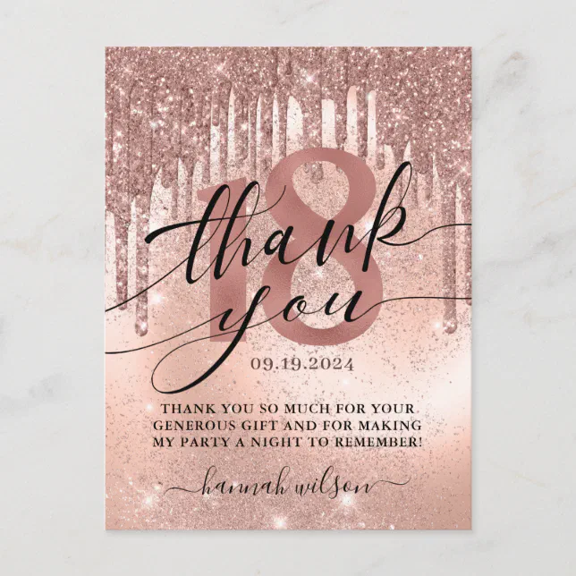 18th Birthday Party Rose Gold Thank You Postcard | Zazzle