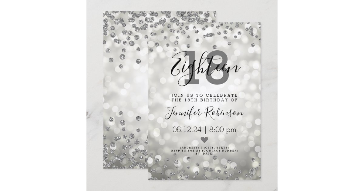 18th Birthday Party Silver Glam Glitter Lights Invitation | Zazzle
