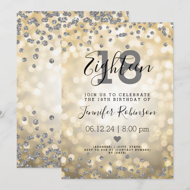 18th Birthday Party Silver Glitter Lights Gold Invitation | Zazzle