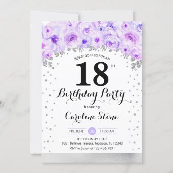 18th Birthday Party - Silver Purple Flowers Invitation | Zazzle