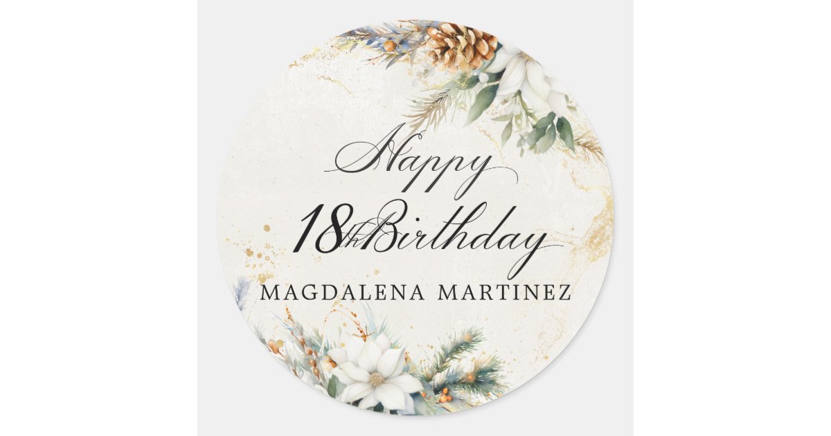 18th Birthday Party White Winter Floral Custom Classic Round Sticker ...