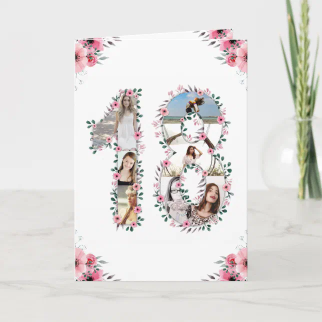 18th Birthday Photo Collage Girl Pink Flower White Card | Zazzle