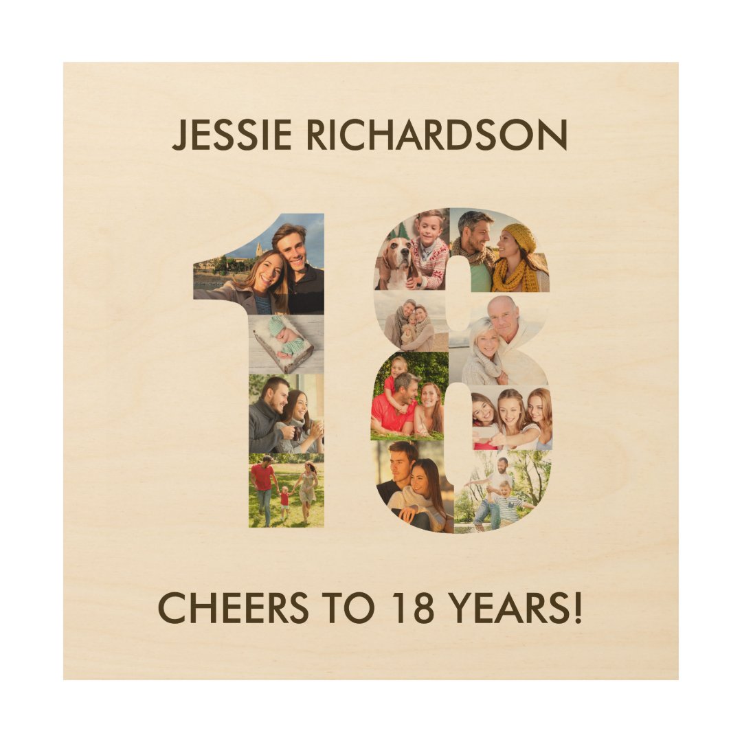 18th Birthday Photo Collage Number 18 Custom Wood Wall Art | Zazzle