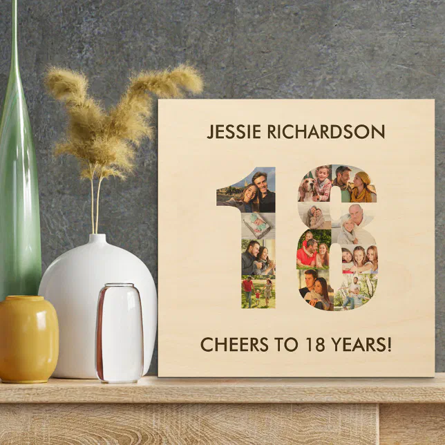 18th Birthday Photo Collage Number 18 Custom Wood Wall Art | Zazzle