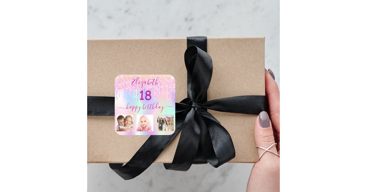 18th birthday photo glitter rainbow holographic square sticker | Zazzle