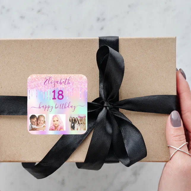 18th birthday photo glitter rainbow holographic square sticker | Zazzle