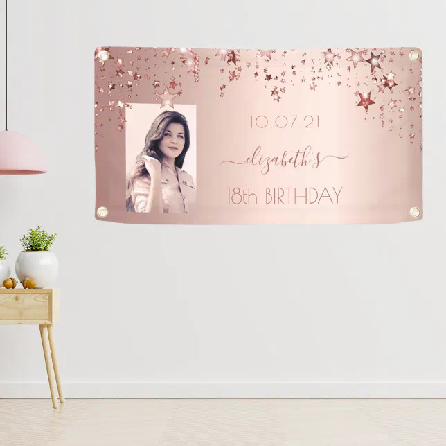 18th birthday photo rose gold pink glittery stars banner | Zazzle