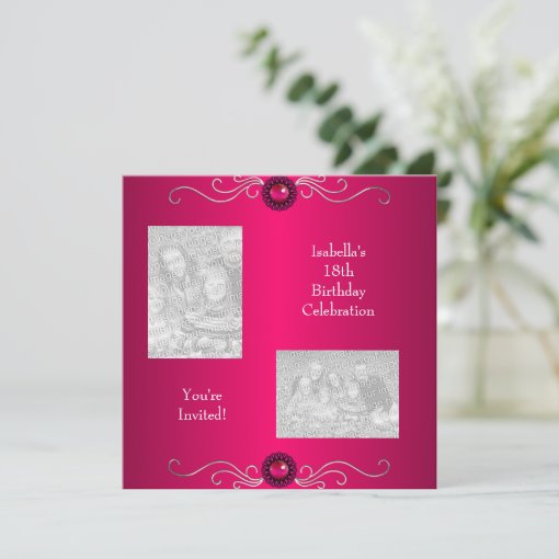 18th Birthday Photos Pink Silver Jewel Trim Invitation | Zazzle