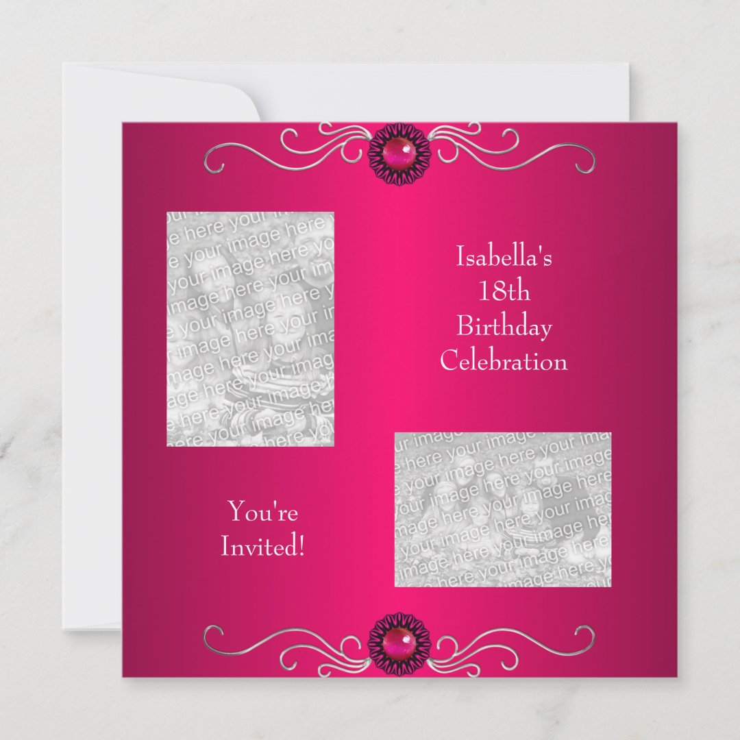 18th Birthday Photos Pink Silver Jewel Trim Invitation | Zazzle