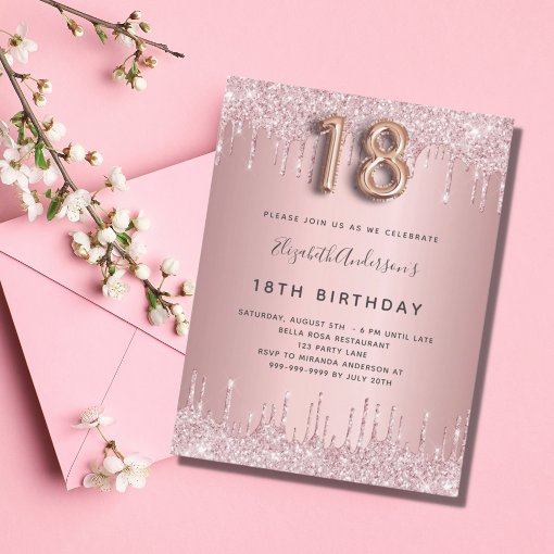 18th Birthday pink dusty rose glitter pink luxury Invitation Postcard ...