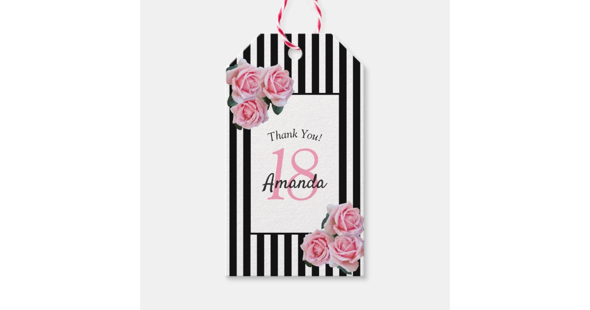 18th birthday pink florals on black white stripes gift tags | Zazzle.com