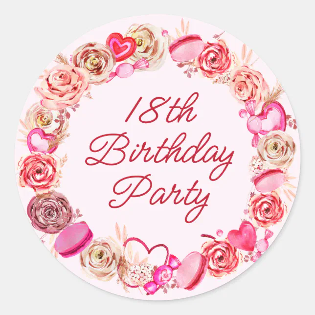 18th Birthday Pink Rose Swirly Heart Envelope Classic Round Sticker ...
