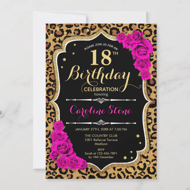 18th Birthday - Pink Roses Leopard Print Invitation | Zazzle