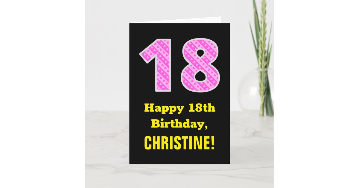 18th Birthday: Pink Stripes and Hearts "18" + Name Card | Zazzle