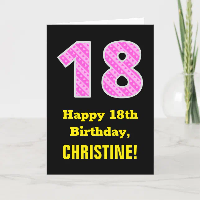 18th Birthday: Pink Stripes and Hearts "18" + Name Card | Zazzle